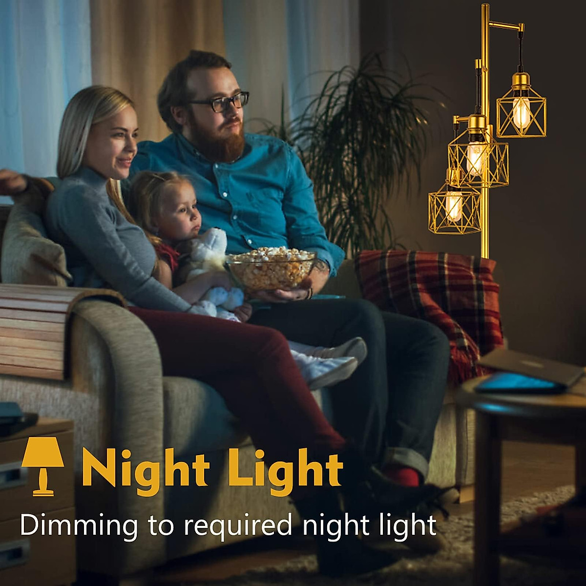 Decorative Gold Floor Lamp,3-Light Farmhouse Floor Lamps for Living Room with Smooth Dimmable ( Adjust Brightness Nightlight ), Modern Style Standing Tall Lamp of Diamond Cage - Bulb Included