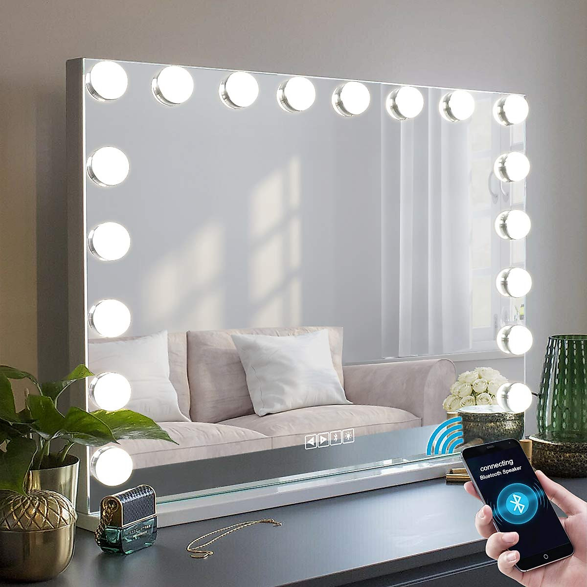 MISAVANITY Hollywood Vanity Mirror with Lights and Speaker, Hollywood Lighted Makeup Mirror with 18pcs Dimmable Bulbs, USB Charging and 3 Color Lighting Modes for Dressing Room Bedroom