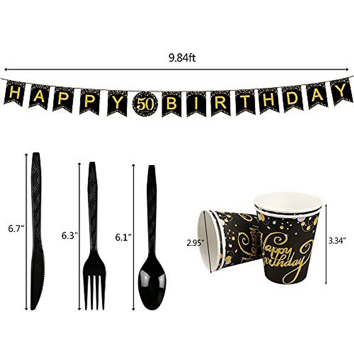 Rainmae 50th Birthday Party Supplies Tableware Set - Serves 16 Guest-Plates, Cups, Napkin, Knife, Spoon, Fork, Table Cloth, Sparkling Banner for 50 Years Old Party Decoration, 50th Wedding Anniversary