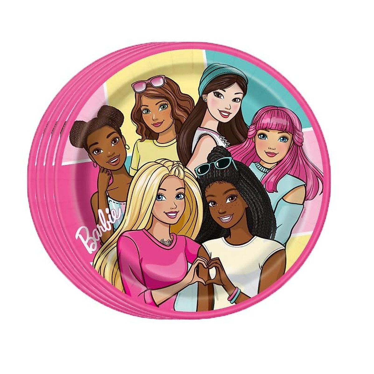 Barbie Birthday Party Supplies Bundle includes 16 Lunch Plates, 16 Napkins, 1 Table Cover, 1 Banner, 16 Loot Bags, 1 Dinosaur Sticker Sheet