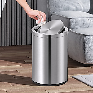 Mbillion Small Trash Can with Swing Lid 2.4 Gallons/9 Liter, Mini Trash Can with lid, Stainless Steel Cylindrical Garbage Can for Home and Office, for Ground and Desktop(Brushed Silver)