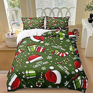 Christmas Bedding Green Christmas Duvet Cover Set Christmas Hat Stocking Printed Xmas Festival Bedding Set Queen 1 Duvet Cover 2 Pillowcases (Queen, Christmas)