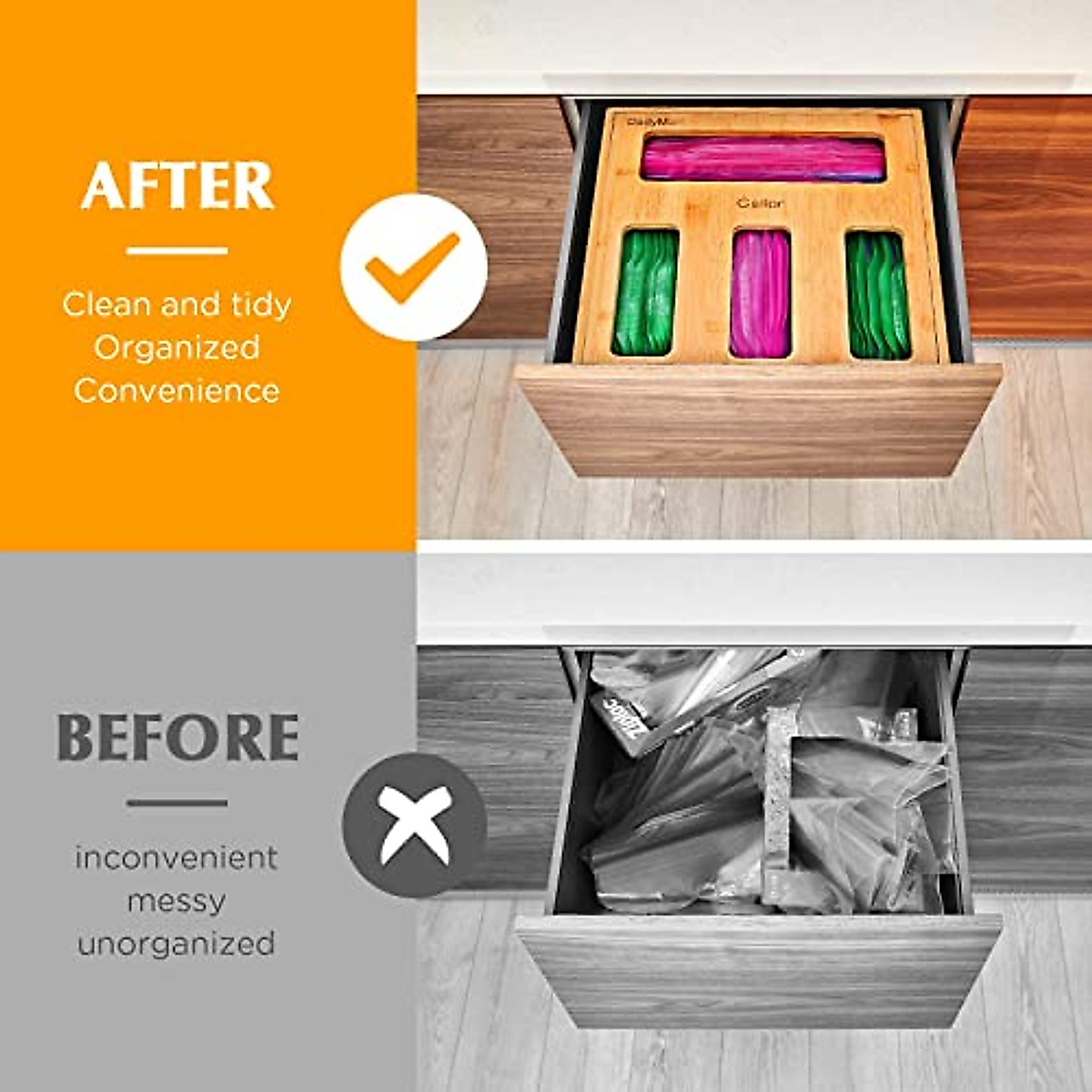Dadymart Bamboo Snack Bag Storage Organizer,12 * 12.72 Inch Hanging Storage Boxes for Kitchen Drawers, Suitable for Gallon Quart Sandwich All Bag Sizes
