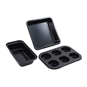 5Pcs Nonstick Bakeware Set Carbon Steel Baking Pans Kit High Temperature Resistance with Cake Mold,Baking Sheet,Pizza Tray,Quadrate & Rectangular Baking Pan for Household Bakery(Black)