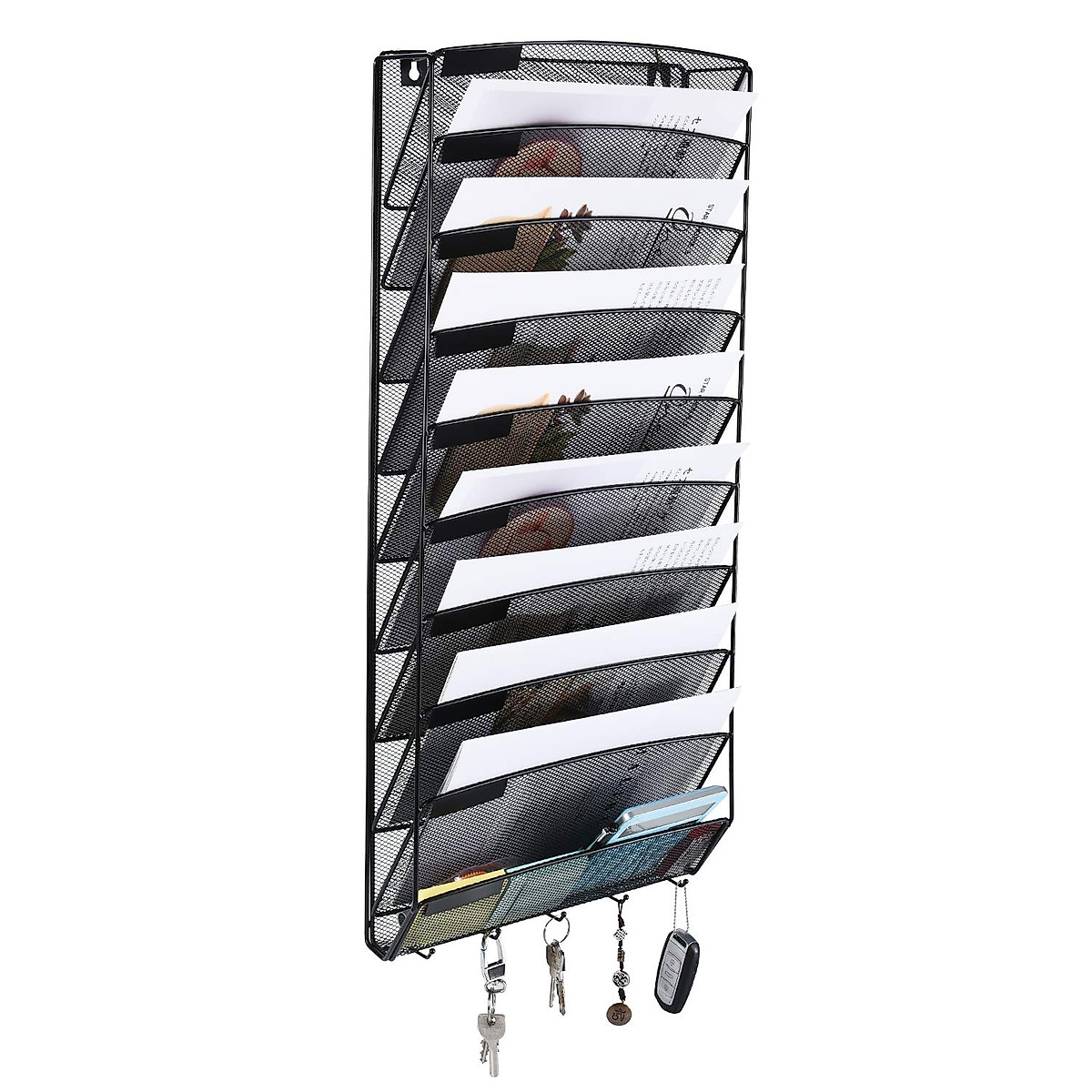 Samstar 10 Pocket Hanging Wall File Organizer Wall Mount Paper Folder Holder Letter Rack, Magazine Rack,Mesh Metal, Black.
