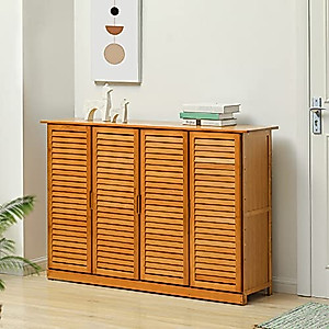 MoNiBloom Shoe Storage Cabinet with 2 Double Shutter Doors, Bamboo Floor Organizer Shelf Stand for 31-35 Pairs Entryway Hallway Bedroom, Brown