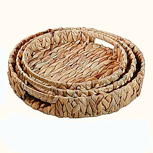 ZKZNsmart Set of 3 Grass Weaving Tray，Hand-Weaving Natural Water Hyacinth Storage Baskets,Wicker Serving Trays with Built-in Handles, Grass Storage Bins for Fruit,Arts and Crafts.
