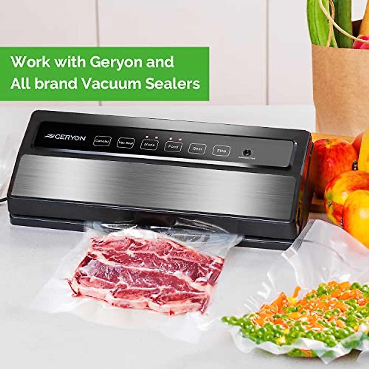 GERYON Vacuum Sealer Bags for All Food Vacuum Sealer Machine, 2 Pack 8" x 16' Vac Sealer Rolls, Commercial Grade BPA Free Material for Sous Vide & Saver Storage