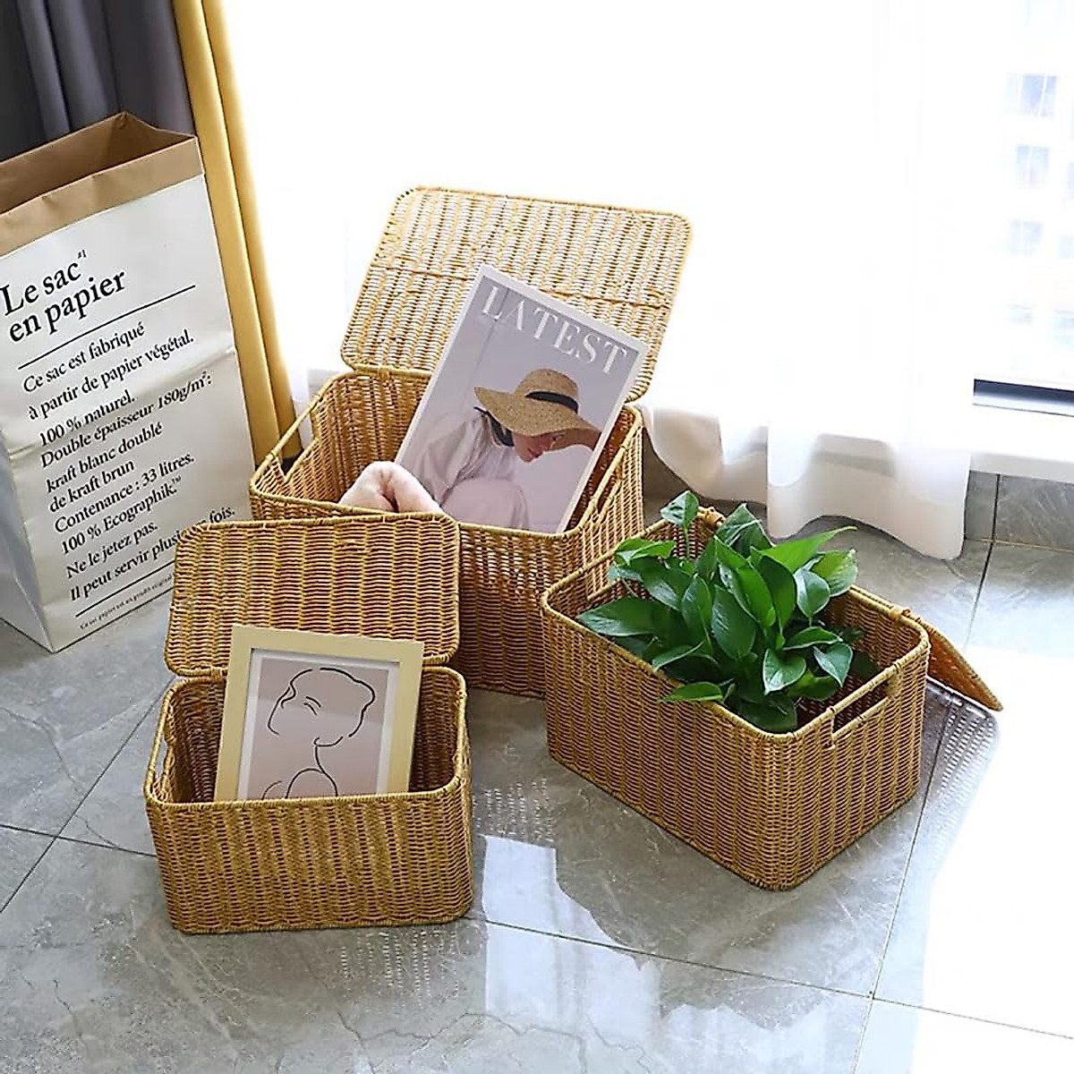RT&BS Set of 3 Wicker Storage Basket with Lid, Handwoven Storage Basket Box - Organizer for Toys Books Fruits Stationery