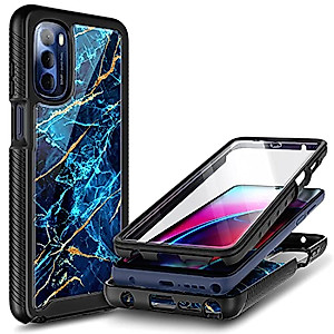 NZND Case for Motorola Moto G Stylus 2022 4G (Not Fit 5G) with [Built-in Screen Protector], Full-Body Protective Shockproof Rugged Bumper Cover, Impact Resist Durable Case (Marble Design Sapphire)
