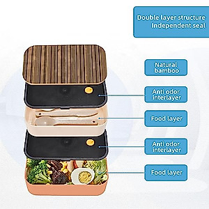 Solid Wood Pattern Adult Lunch Box, Bento Box, With Cutlery Set Of 3, 2 Compartments, Rectangular, Lunch Box For Adults