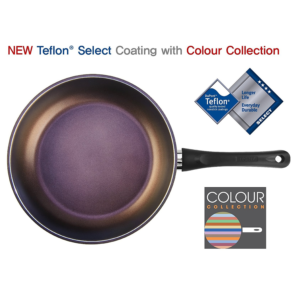 TeChef - Color Pan 12" Frying Pan with Glass Lid, Coated with DuPont Teflon® Select - Colour Collection/Non-Stick Coating (PFOA Free) / (Aubergine Purple)