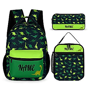 Mrokouay Custom Green Dinosaur School Backpack Set 3 IN 1 Personalized Add Your Name Backpack with Insulated Lunch Bag Pencil Case, Customized Lightweight Kids Bookbag Girls Boys Casual Daypack