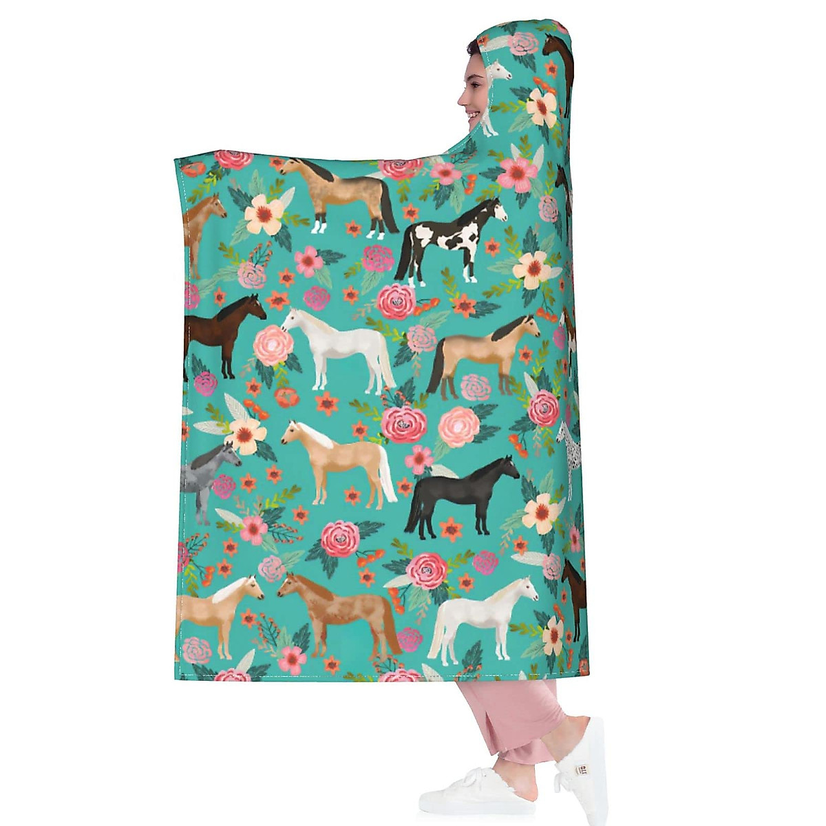 HIONHSW Horses and Flowers Hooded Blanket Anti-Pilling Flannel Wearable Blanket Hoodie-Plush Warm Blanket Throw Blankets Fit for Kids, Adults, Teens