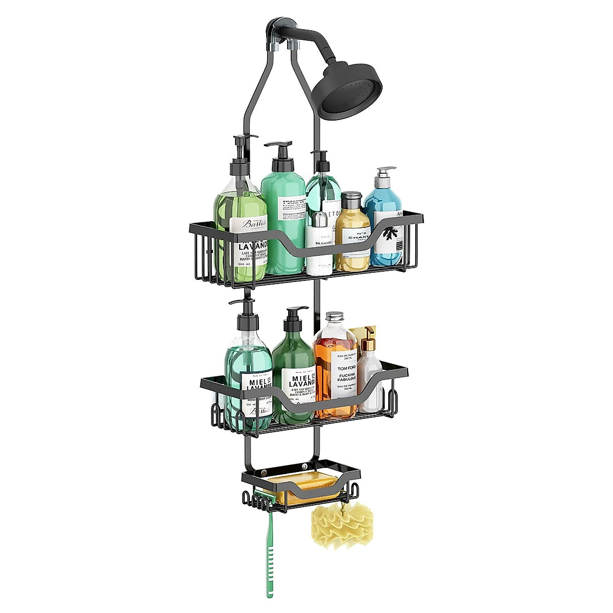 GOHOLE Shower Caddy Over Shower Head, Hanging Shower Organizer, Over the Shower Head Caddy, with Soap Basket and 12 Hooks for Razor Sponge Towels, Black