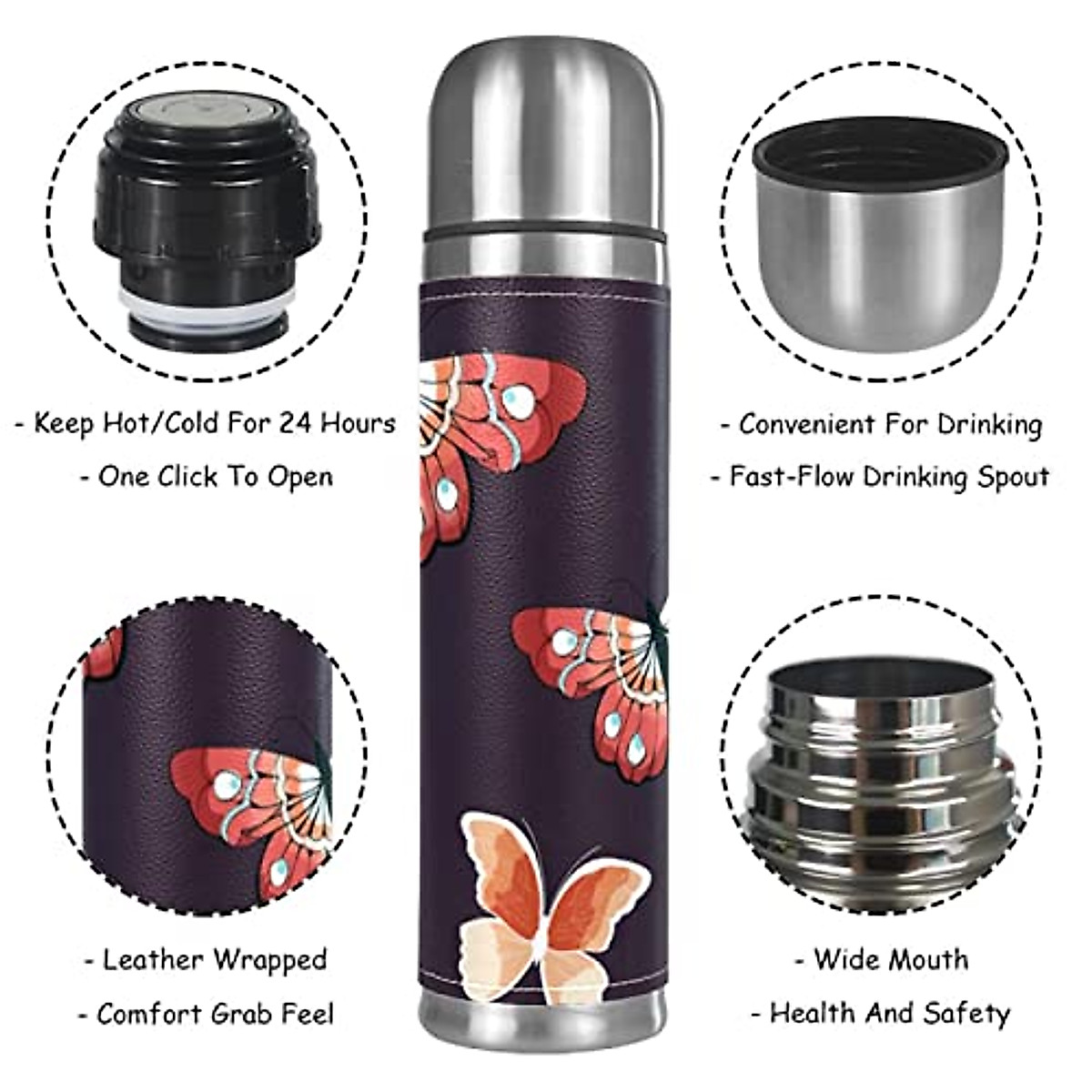Stainless Steel Leather Vacuum Insulated Mug Butterfly Thermos Water Bottle for Hot and Cold Drinks Kids Adults 16 Oz