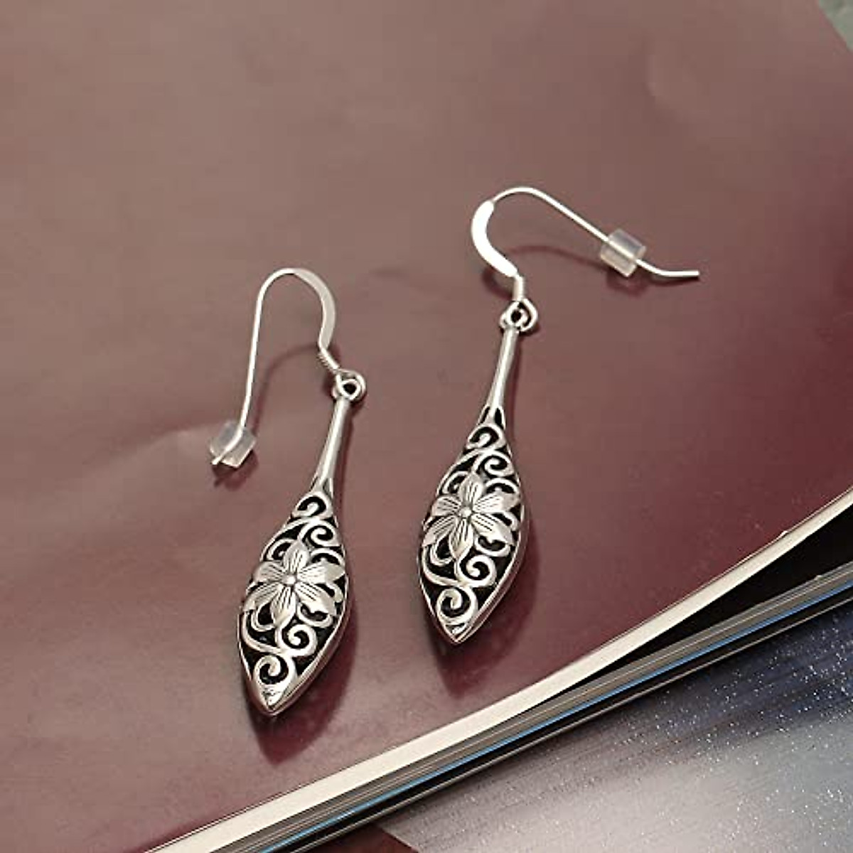 LeCalla 925 Sterling Silver Retro Filigree Drop Earrings | Lightweight Long Filigree Bali Inspired Hollow Flower Teardrop Dangle Hook Earring for Women - 51mm