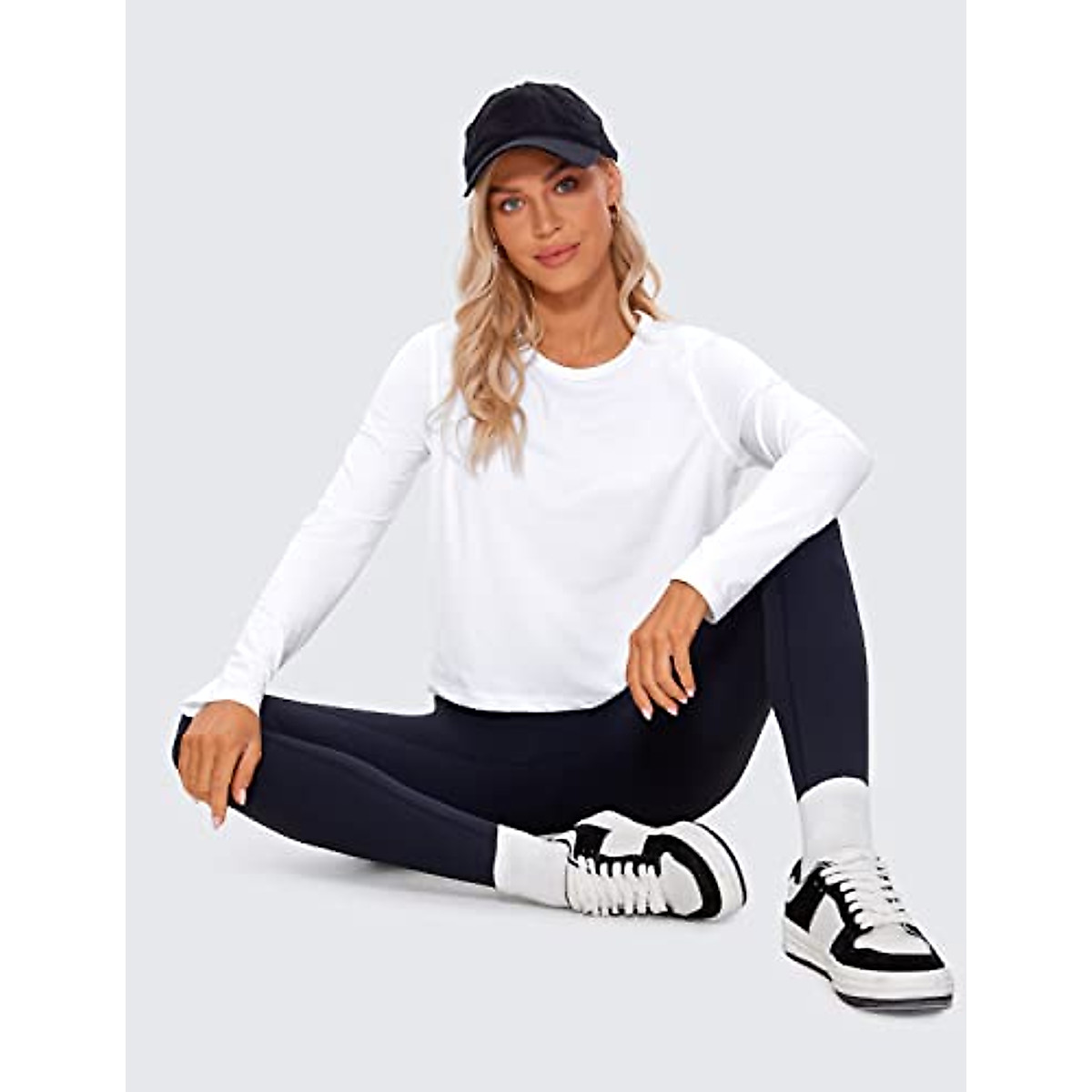 CRZ YOGA Pima Cotton Long Sleeve Workout Shirts for Women Loose Cropped Tops Athletic Sports T-Shirt White Small