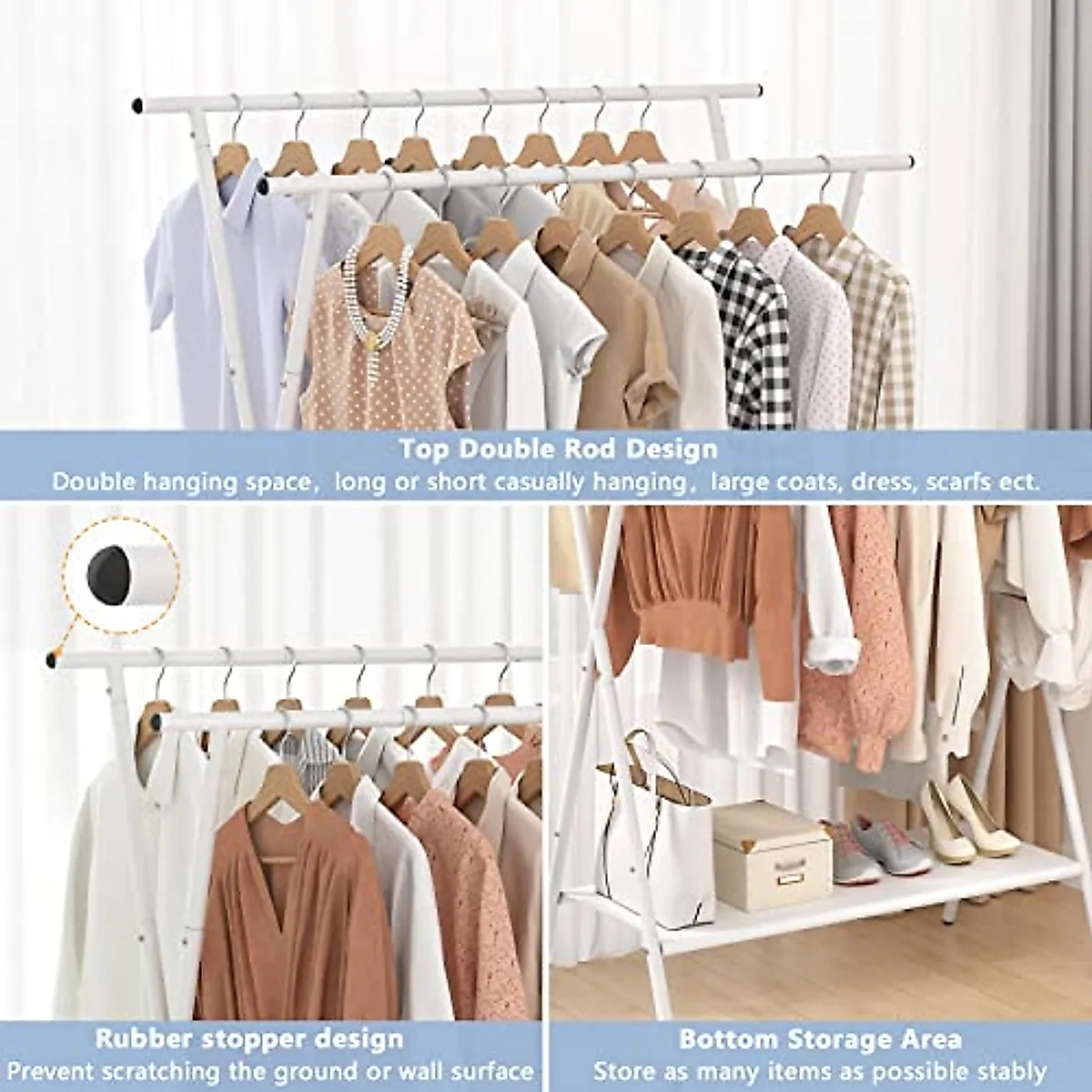 Laiensia Double Rods Clothing Racks, Portable Clothing Hanging Garment Rack with Bottom Oxford Cloth Shelves, White