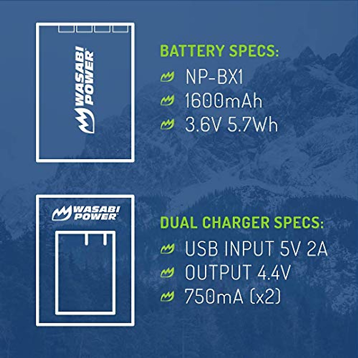 Wasabi Power NP-BX1 Battery (2-Pack) and Dual USB Charger for Sony NP-BX1/M8, Cyber-Shot DSC-HX95, HX99, HX350, RX1, RX1R II, RX100 (II/III/IV/V/VA/VI/VII), FDR-X3000, HDR-AS50, AS300, ZV-1 and More