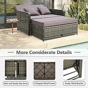 Tangkula Patio Rattan Daybed Set, Wicker Loveseat Sofa w/Multipurpose Ottoman & Retractable Side Tray, 4-Level Adjustable Backrest, Footstool w/Storage, Seat & Back Cushion Included (Gray)