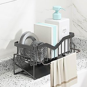 DMJWAN Kitchen Sink Caddy Organizer, 304 Stainless Steel Sponge Holder Sink Caddy with Auto Drain Tray, Holds Sponge, Dish Soap Dispenser, Cleaning Towel, Scrubber, and Utensils