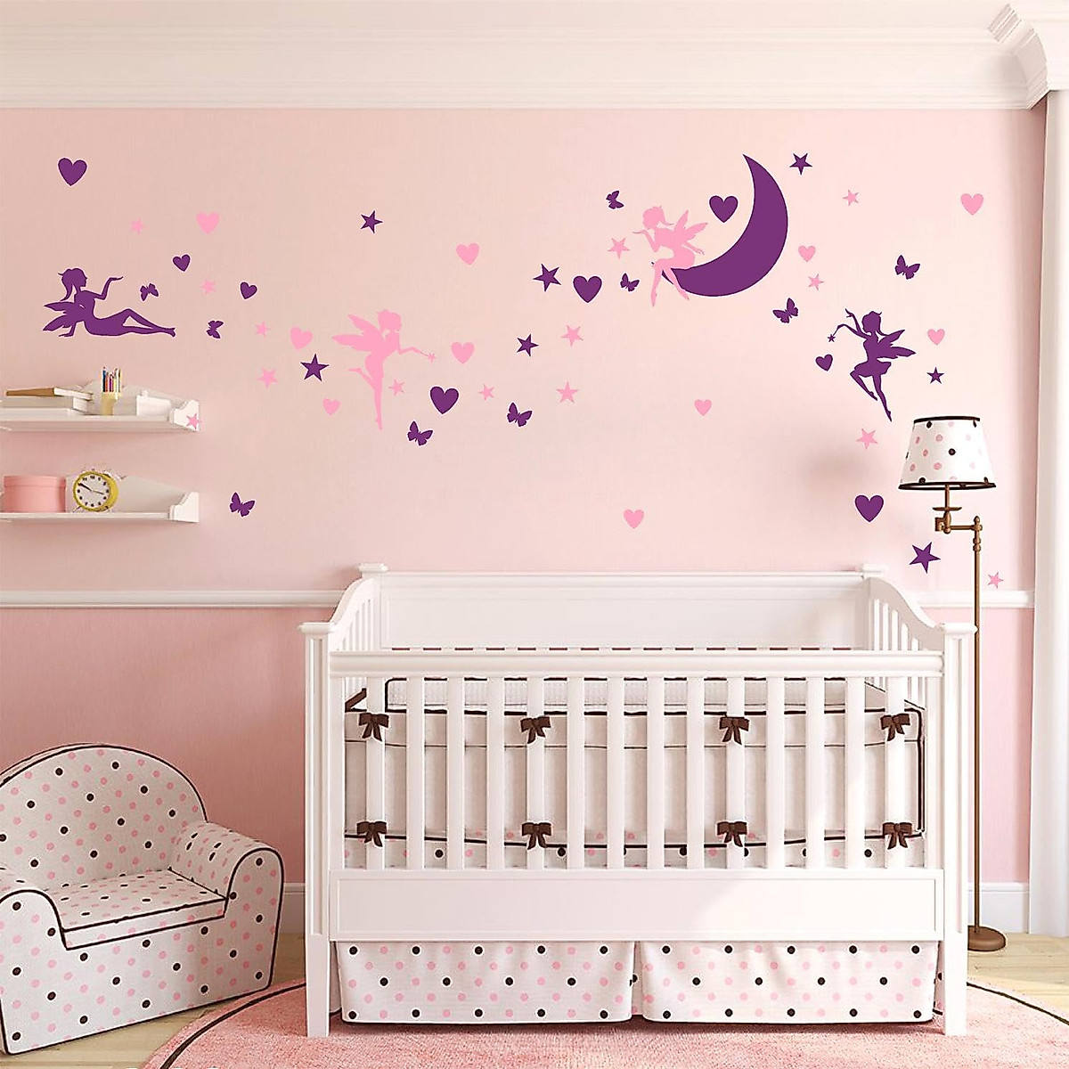 IKEYU Fairy Wall Sticker Girls Fairy Wall Decals Nursery Fairies Wall Stickers Butterfly Pink Purple Star Heart Wall Decals for Girls Bedroom Kids Room Decor