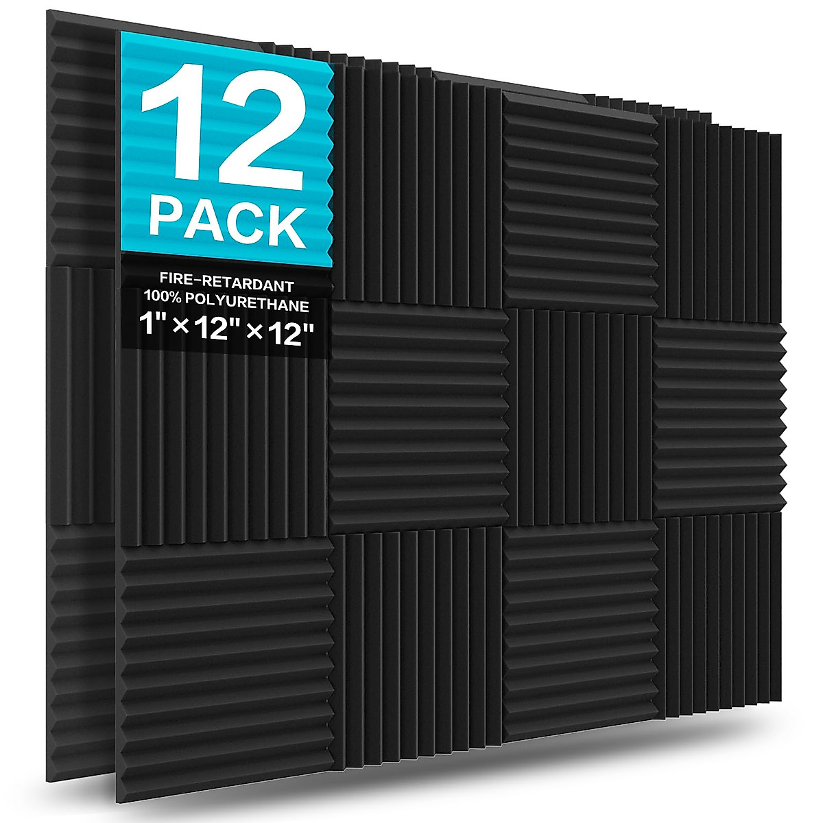 JBER 12 Pack Acoustic Foam Panels, 1" X 12" X 12" Studio Soundproofing Wedges Fire Resistant Sound Proof Padding Acoustic Treatment Foam (Black)