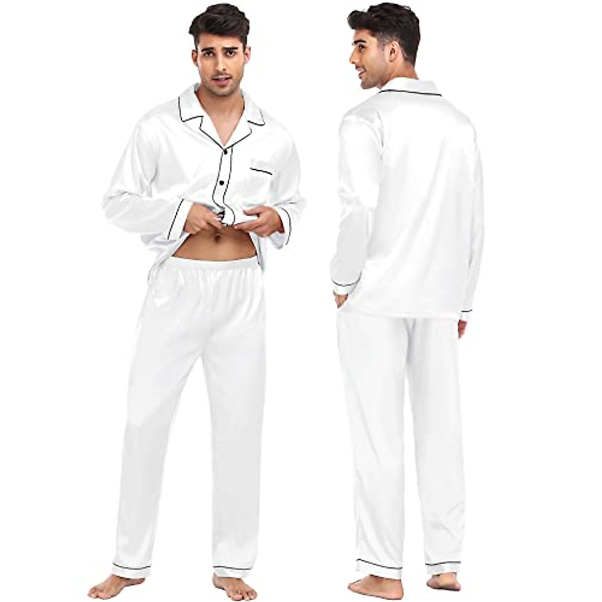 SWOMOG Womens Silk Satin Pajamas Set Two-piece Pj Sets Sleepwear Soft Loungewear Button-Down Pj Sets White