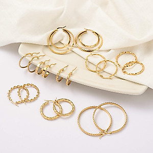 Jinxiuge 12 Pairs Gold Hoop Earrings Set Stainless Steel Twisted Round Small Chunky Hoop Earrings for Women Teen