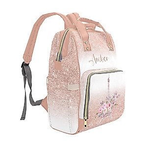 Eiffel Tower Pink Flower Diaper Bags Backpack with Name Personalized Baby Bag Travel Tote Bag Gifts for Mom Girl