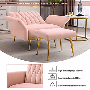 Modern Velvet Single Sofa Chair with Ottoman, Accent Living Room Chairs with Adjustable Armrests, Upholstered Tufted Lounge Chair for Home, Bedroom, Office (Pink)