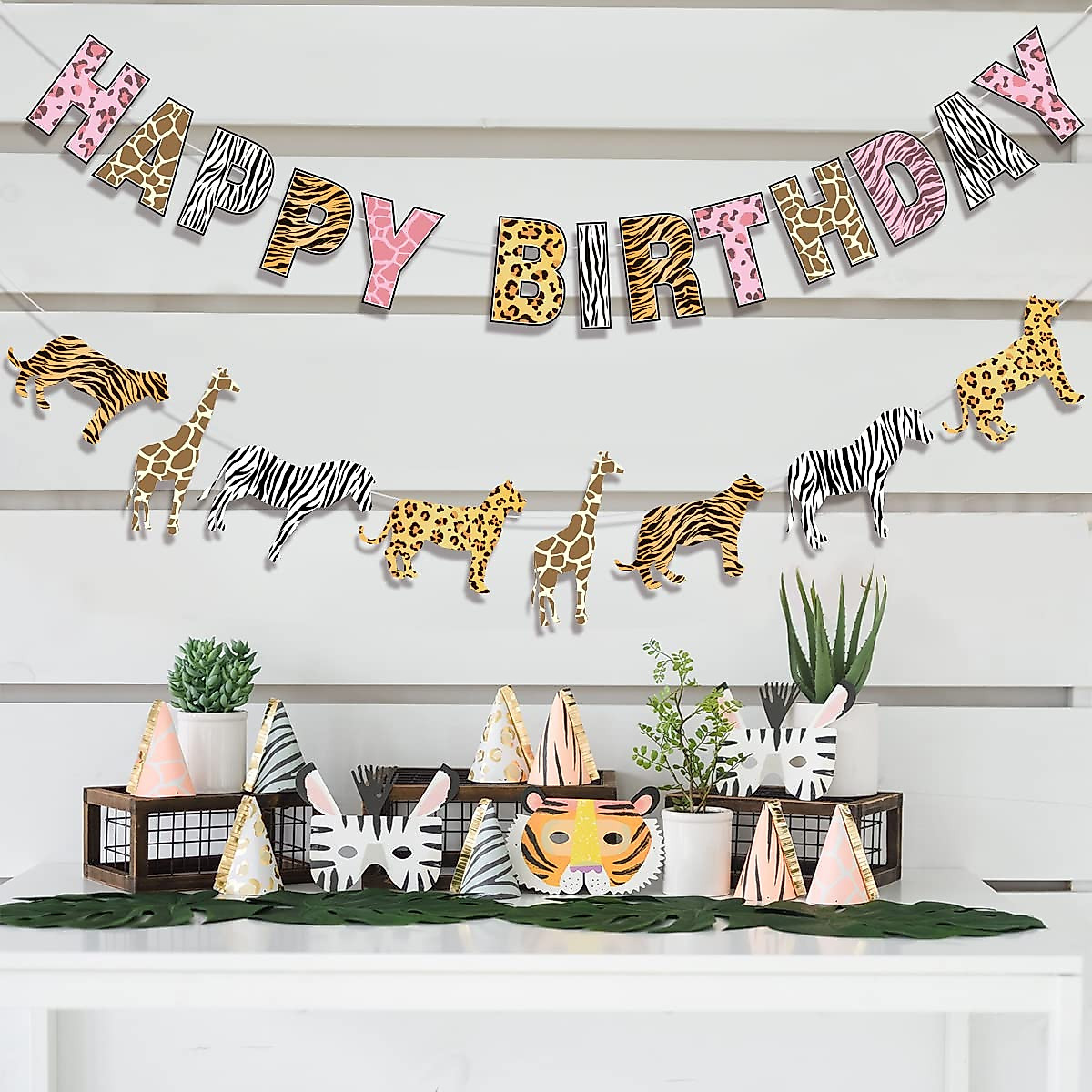 Safari Birthday Decorations Jungle Theme Party Supplies for Girl - Pink Cheetah Happy Birthday Banner, Animal Print Garland, Jungle Safari Animal Leopard Party Sign