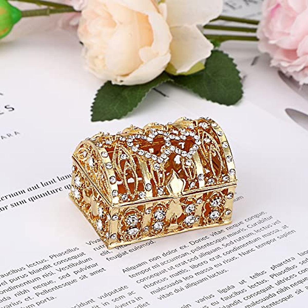 ELLDOO Crystal Treasure Chest Box Floral Engraved Jewelry Box Wedding Box Keepsake Box Ring Earring Small Trinket Storage Organizer Box for Girls Women Wedding Brithday Gift, Gold
