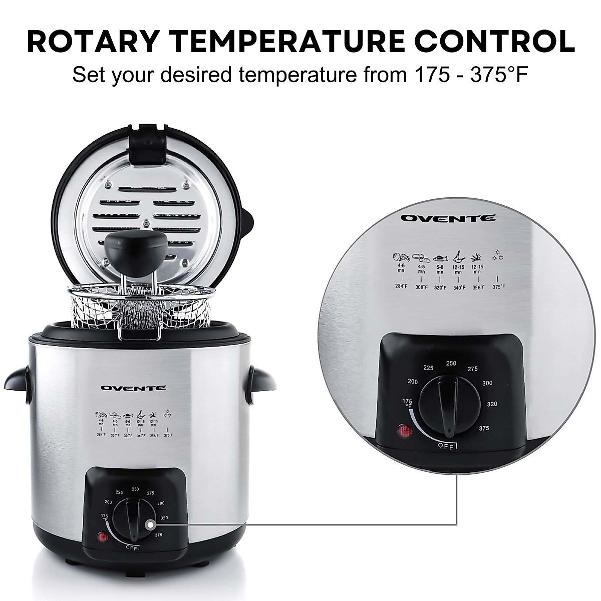 OVENTE Electric Deep Fryer 0.9 Liter Capacity, 840W Power with Locking Lid, Removable Stainless Steel Frying Basket, Adjustable Temperature Knob, Cool Touch Handles and Easy to Clean, Silver FDM1091BR