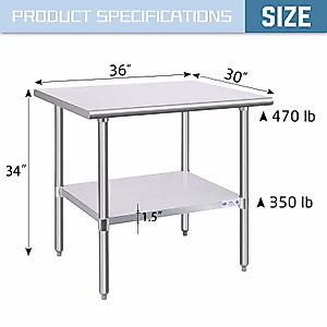 Hally Stainless Steel Table for Prep & Work 30 x 36 Inches, NSF Commercial Heavy Duty Table with Undershelf and Galvanized Legs for Restaurant, Home and Hotel