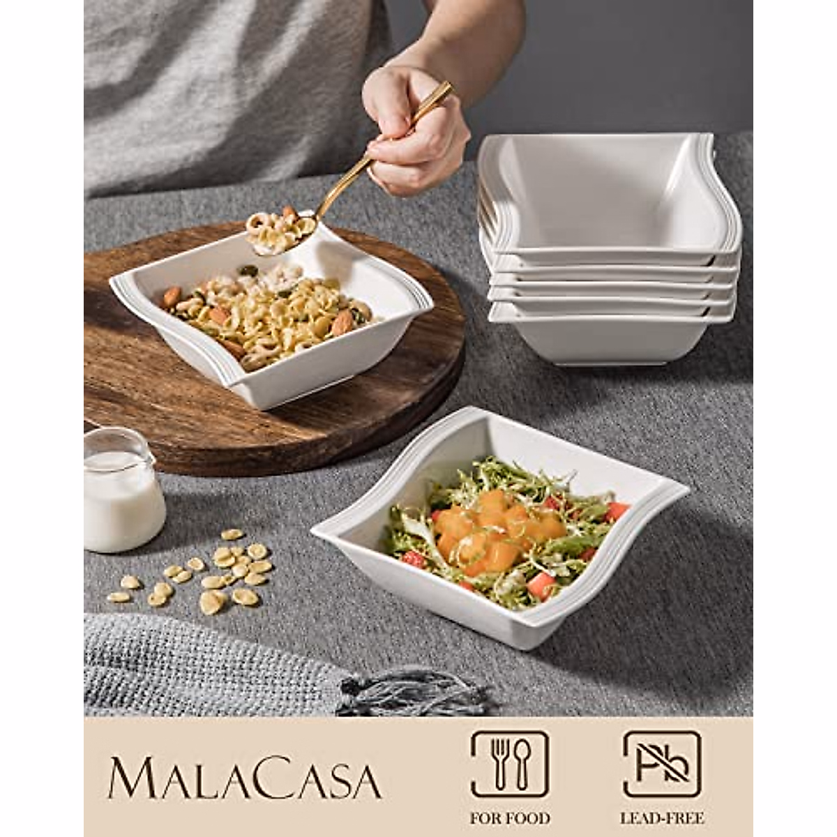 MALACASA Cereal Bowls Set of 6, 15oz Soup Bowls, Porcelain Ice Cream Bowls, White Bowls for Kitchen, Square Serving Bowls for Salads Fruits Pasta Dessert Side Dish, 5.3", Microwave Safe, Series Flora