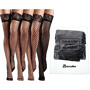 Bencailor 4 Pairs Fishnet Thigh High Stocking for Women Silicone Lace Top Sheer Over Knee Silky Stockings(Black,Large)