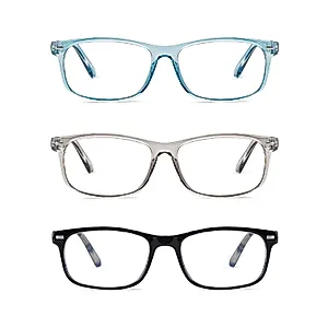 Rae Dunn "LOU Premium Reading Glasses - 3 Pack w/READ Signature Font (Crystal Dusty Blue/Crystal Cool Grey/Cobalt Stripe, +2.0)