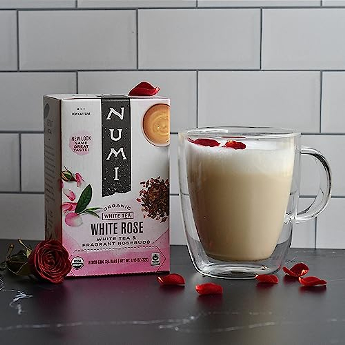 Numi Organic White Rose Tea, 16 Tea Bags, White Tea & Fragrant Rosebuds, Low Caffeine (Packaging May Vary)