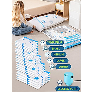 Vacuum Storage Bags with Electric Air Pump, 20 Pack (4 Jumbo, 4 Large, 4 Medium, 4 Small, 4 Roll Up Bags) Space Saver Bag for Clothes, Mattress, Blanket, Duvets, Pillows, Comforters,Travel, Moving