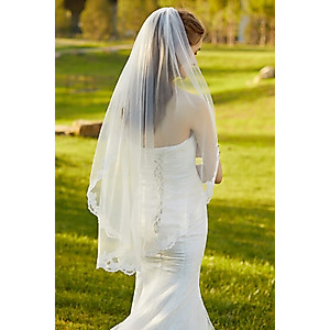 BEAUTELICATE Wedding Bridal Veil with Comb 1 Tier Lace Applique Edge Fingertip Length 36" Ivory