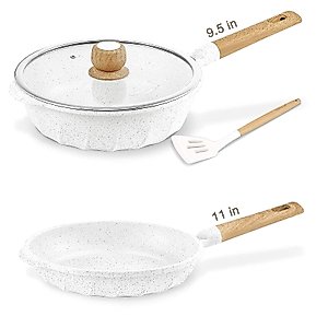 COOKLOVER Nonstick Frying Pan Induction Sauté Pan with Lid - 9.5 inch- White + Nonstick Frying Pan - 11inch- White