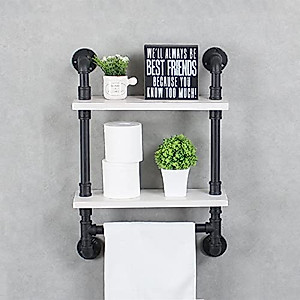 Industrial Pipe Shelving Bathroom Shelves Wall Mounted, 2-Layer 24in Rustic Wood Shelf with Towel Bar,Farmhouse Towel Rack Metal Floating Shelves Towel Holder (TypeA, White)