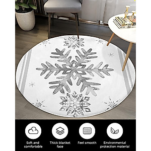 Grey Snowflake Fluffy Round Area Rug Carpets 5ft, Plush Shaggy Carpet Soft Circular Rugs, Non-Slip Fuzzy Accent Floor Mat for Living Room Bedroom Nursery Home Decor Winter Christmas Stripes Holiday