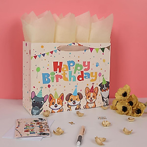 13” Large Dog Happy Birthday Gift Bag Set with Handles, Greeting Card, Tissue Papers and Stickers for Girl Boy Kid Women Men, Cream Puppy Design, 1 Pcs