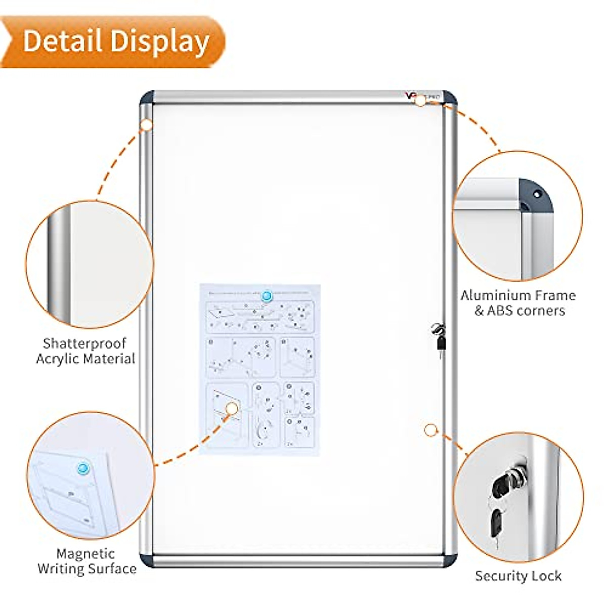 VIZ-PRO Tamperproof Lockable Magnetic Dry Erase Board Class 1 Aluminium Framed 48x24 Inches