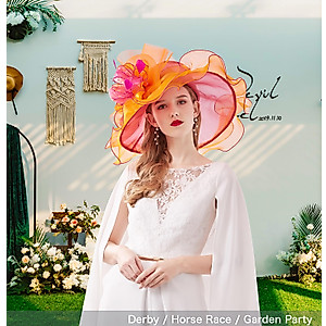 Z&X Women's Organza Church Fascinator Hair Clip Bridal Wedding Tea Party Hat Wide Brim Anti-UV Sun Hat Orange Rose