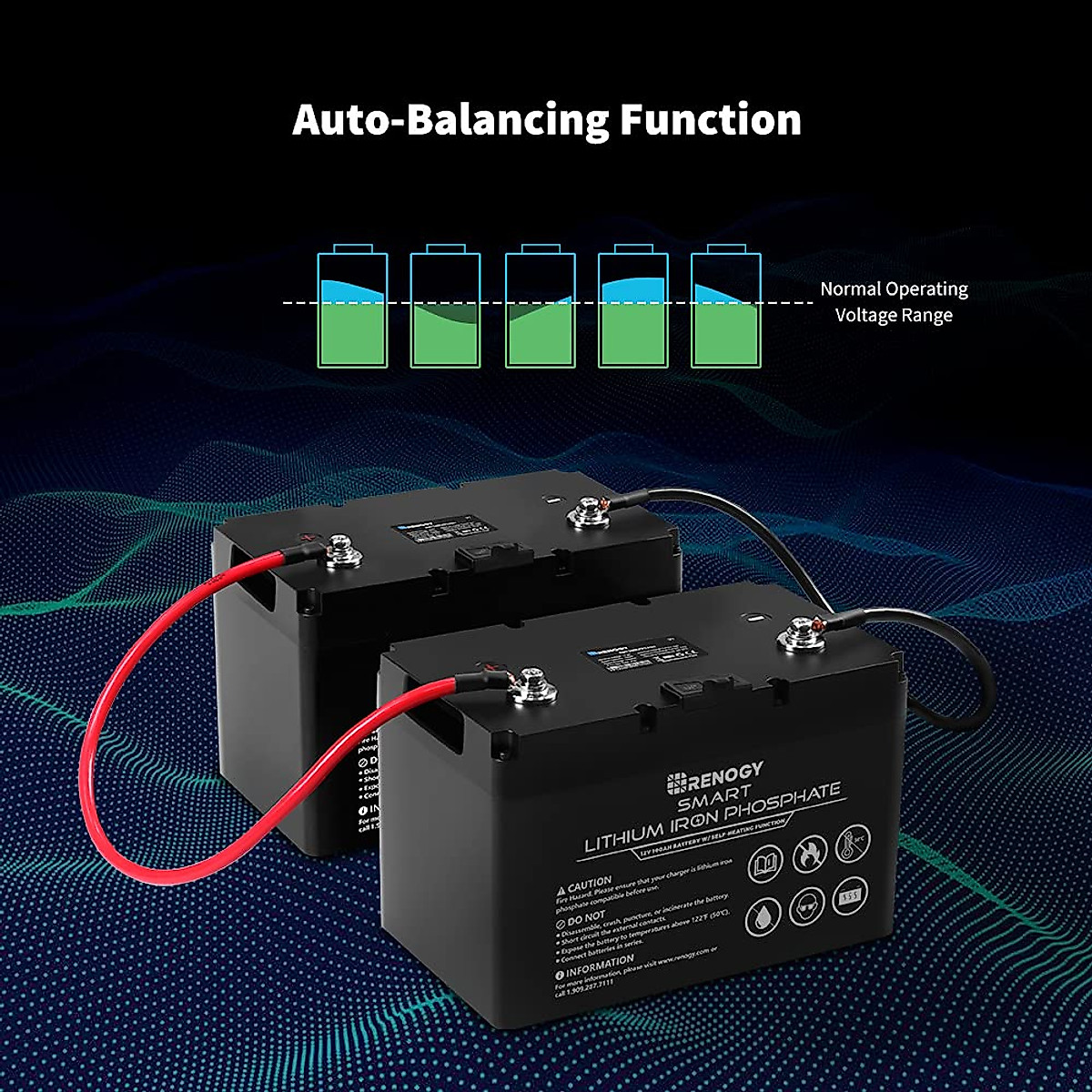 Renogy 2 Pack Smart Lithium-Iron Phosphate Battery 12V 100Ah w/Self-Heating Function for RV, Solar, Marine, and Off-Grid Applications