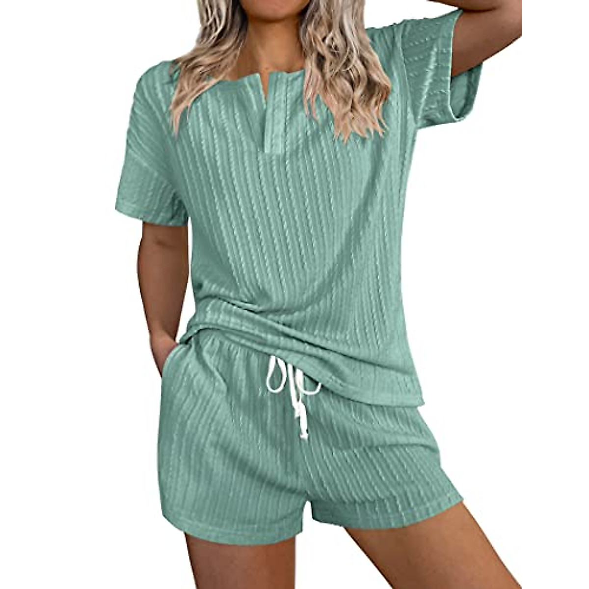 Ekouaer Ribbed Knit Lounge Sets for Women 2 Piece Outfits Short Sleeve Top and Shorts Pajama Sets Tracksuit Sweatsuits Green